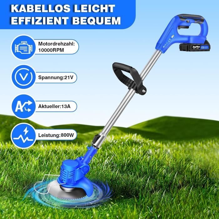 Débroussailleuse électrique sans fil avec batterie 21 V - Avec 2 batteries de 1,5 Ah et lame en ...