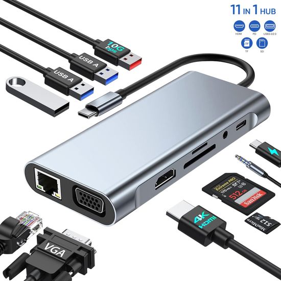 HUB USB C, Adaptateur USB C 11 en 1 avec 4K-HDMI, VGA, USB 3.0, Type C PD, Ethernet RJ45 ...