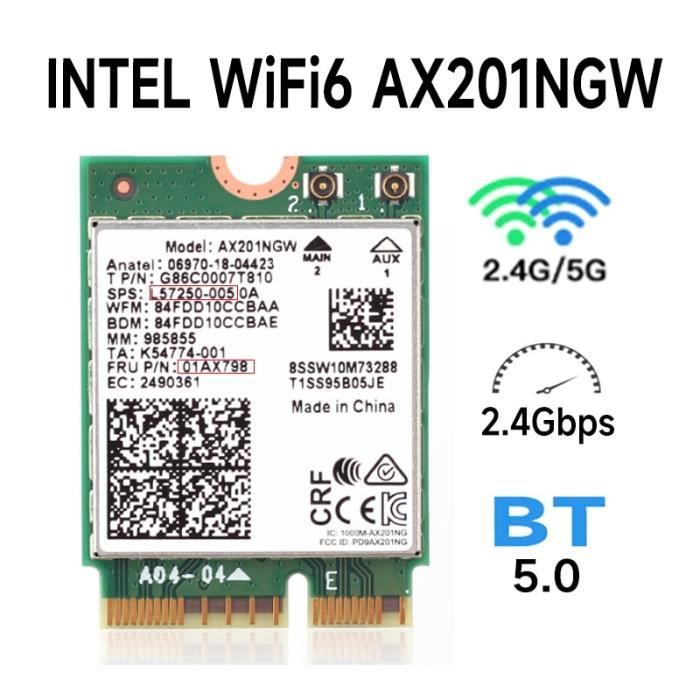 Carte réseau Intel Wi Fi 6 AX201, Bluetooth 5.0, double bande, sans fil, bouton NGFF E CNVi, Wi ...