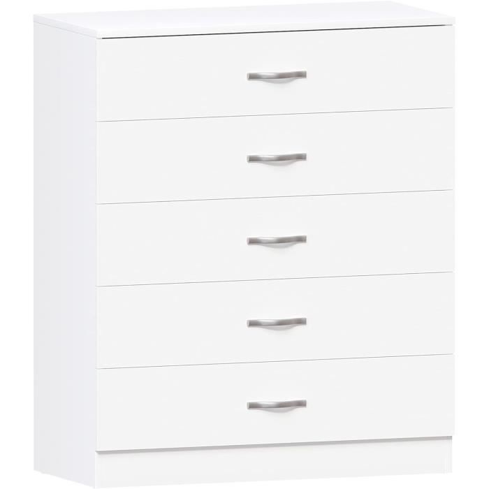 Blanc Commode, 5 Tiroirs Avec Poignées En Métal Et Coureurs, Unique ...