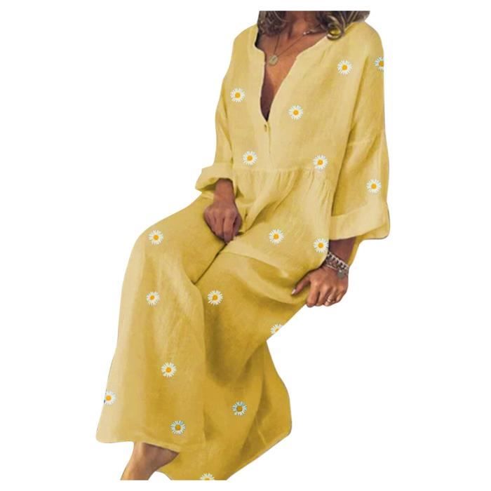 [ROBE] Femmes Casual Daisy Imprimé Floral Manches Longues Coton Col En ...