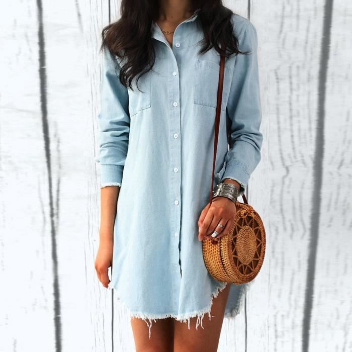 Femmes Cowboy Glands Robe De Couleur Unie À Manches Longues O-Neck Mini ...