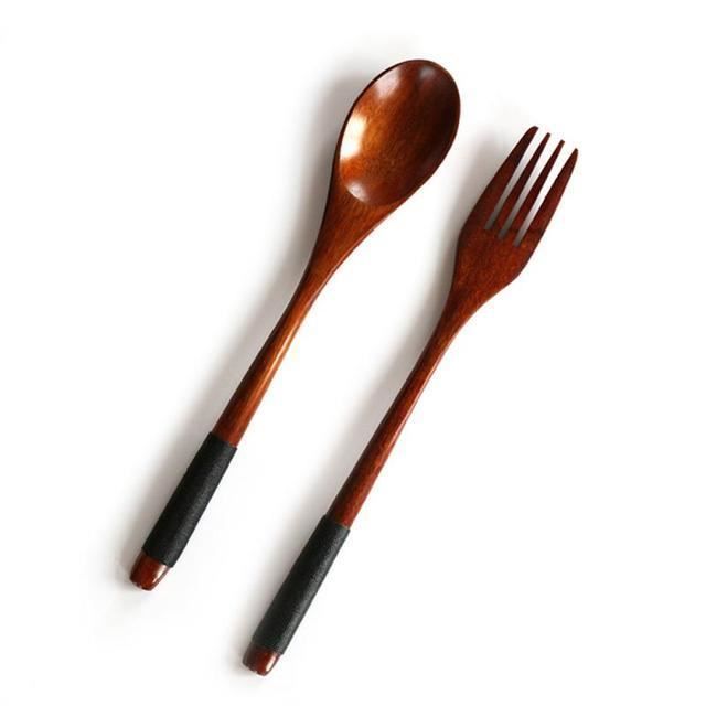 MENAGERE,Black--Ensemble cuillère et fourchette en bois naturel ...