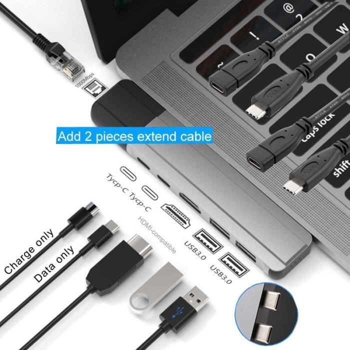 Gris Rj45 ajouter Câble - HUB USB C Type C vers HDMI compatible 4k Rj45 1000M adaptateur USB 3.0 ...