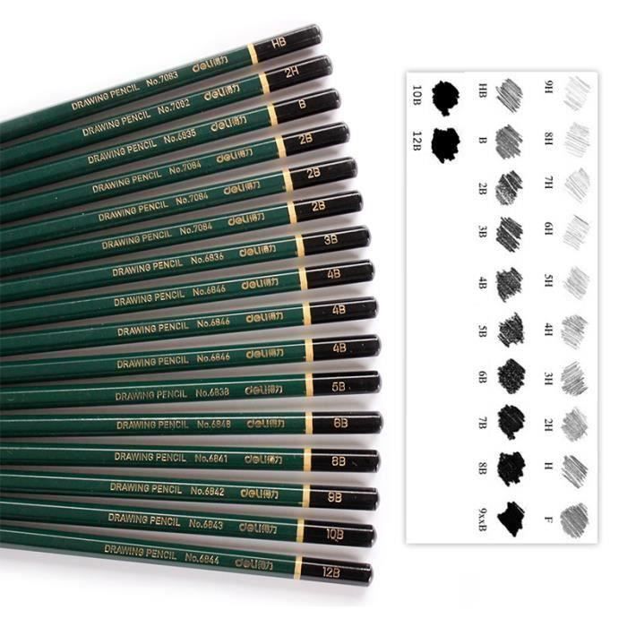 Set de 16 crayons de bois 2H HB B 2B 3B 4B 5B 6B 8B 9B 10B 12B Crayons de Dessin Crayons Croquis ...