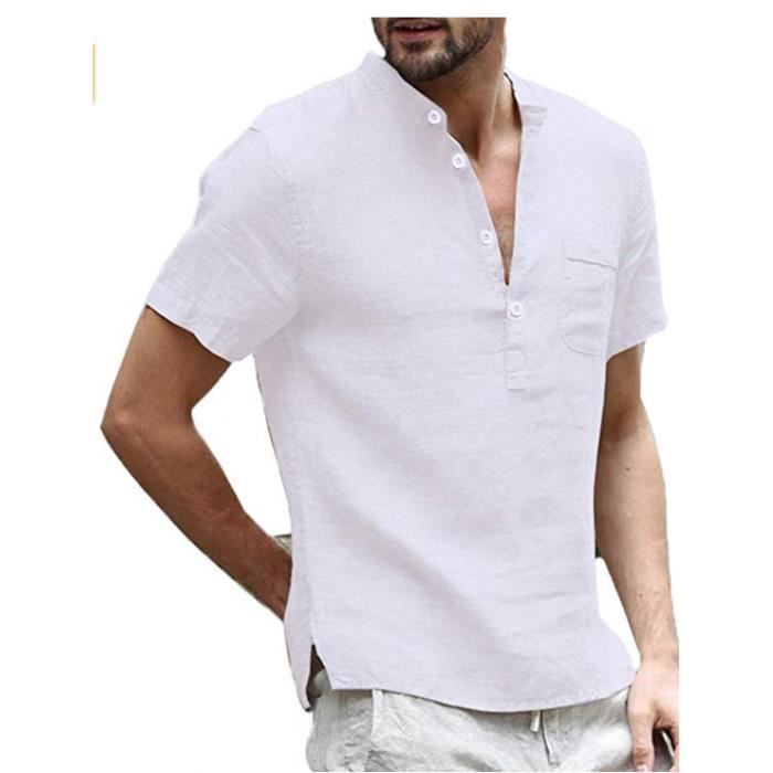 Chemise en lin - FUNMOON - Col V - Haute qualité - Décontractée - Blanc ...