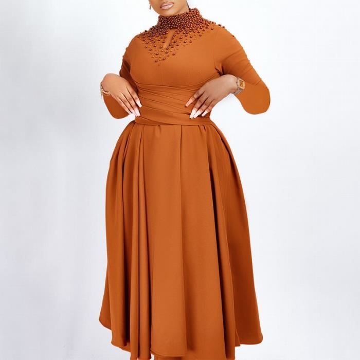 Robe élégante taille large perlée à col haut grande taille - Marron ...
