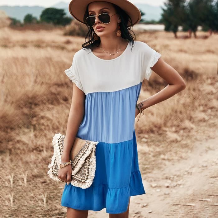 Robe Femme Ete Bohème Sexy Chic Manches Courtes Bleu Chuangna Bleu
