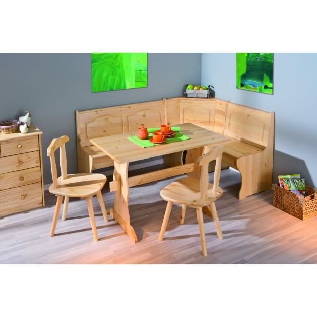 Coin repas (1 banc d'angle, 1 table, 2 chaises) - pin massif vernis ...