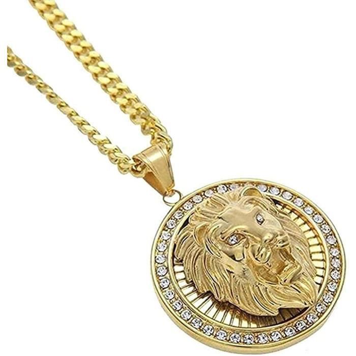 COLLIER Collier Couleur Or Hommes Hip Hop Rond tête de Lion Pendentif ...