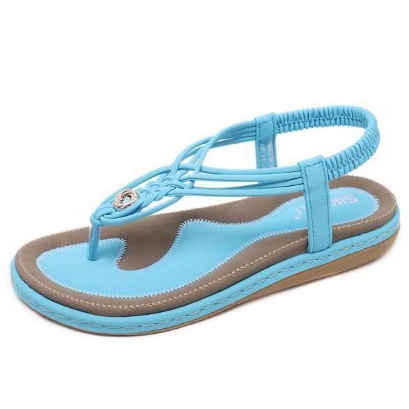 Sandales Simili Cuir Femme Été Plat Boho Tressé Plage Chaussures Bleu ...