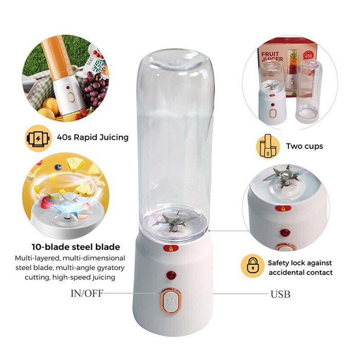 Mixeur portable - 21000 tr/min, 10 lames +2 tasses 450ml, USB-C - blanc ...