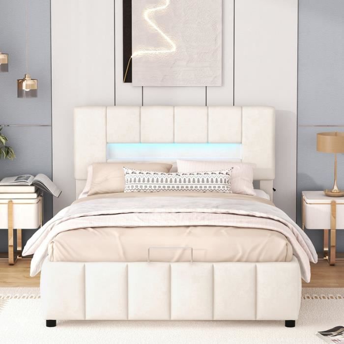 Lit double 140x200cm, lit capitonné, lit plateforme avec éclairage LED ...