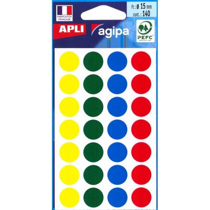 Gommettes Auto-Adhésives - APLI - 15mm - 140 étiquettes - Assortiment ...