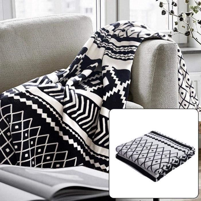 Plaid Tricot Coton avec Imprim Noir Et Blanc Couverture De Lit Douce ...