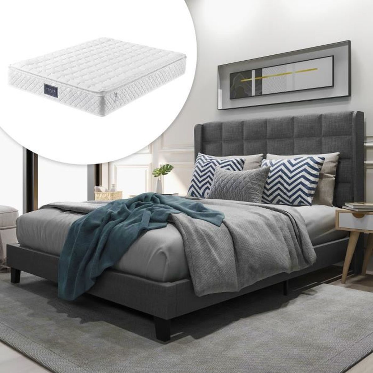 Lit double moderne rembourré avec sa partie à tête rembourrée avec ...