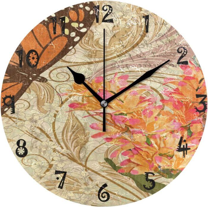 Fleur Jaune Papillon Pendule Murale Décoratif Moderne Horloge De Mur ...