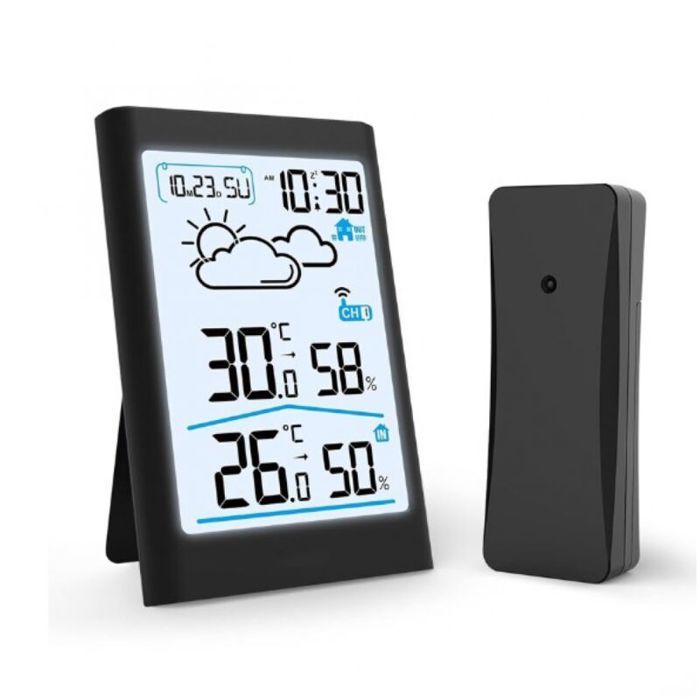 Station mto sans fil noire thermomtre hygromtre baromtre avec cran rtro-clair couleurs multiples ...