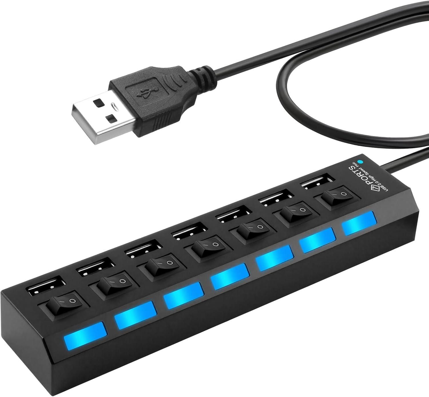 Portable USB Hub with 7 Ports and Individual LED Switches, High Speed ...