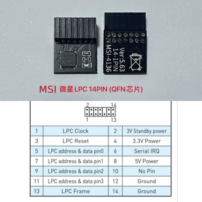 MSI LPC 14pin (QFN - Module de sécurité de cryptage TPM 2.0, carte à distance, Windows 11, mise ...