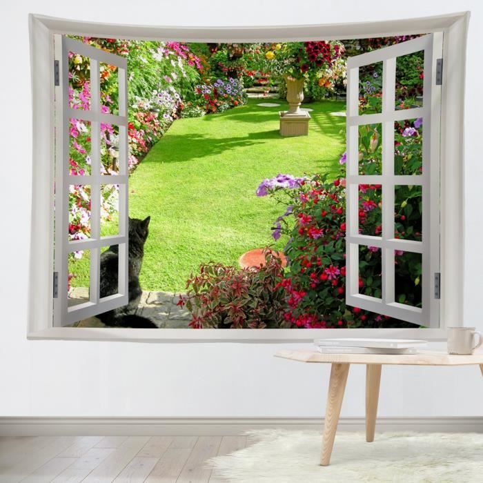 Tapisserie Tenture murale Jardin chat fleurs herbes Impression ...