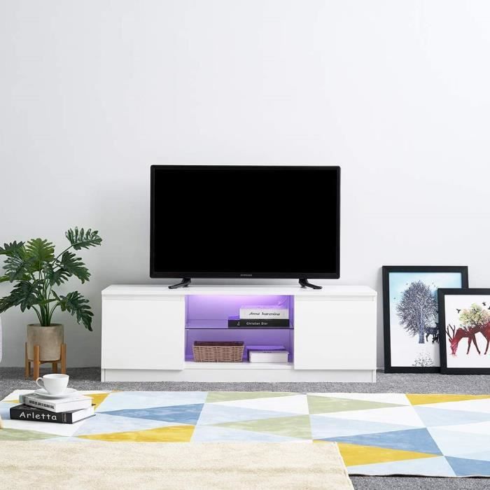 LED Meuble TV en MDF Verre avec 2 Compartiments de Stockage sur Salle de Séjour, Salon et ...