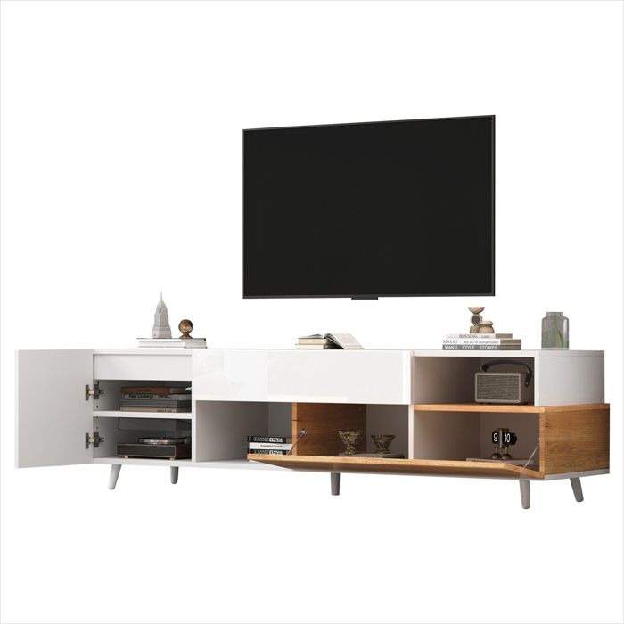 Meuble TV 180 cm design contemporain, finition brillante soft white et ...
