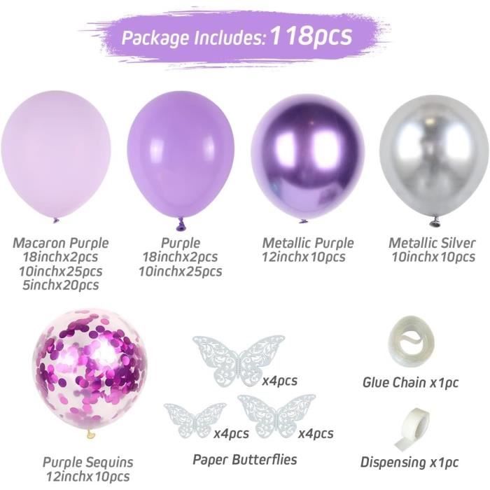 Kit Arche De Ballons Violet, 118 Arche Ballon Anniversaire Violet ...