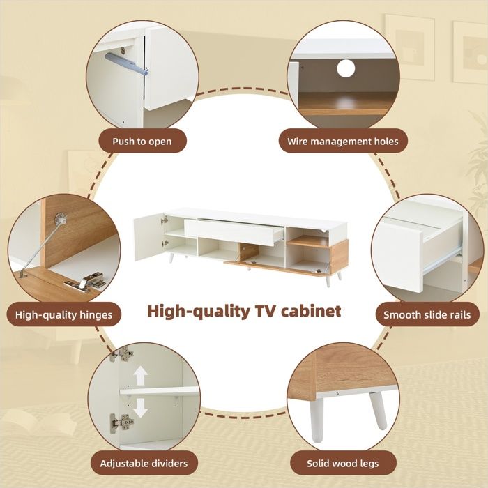 Meuble TV 180 cm design contemporain, finition brillante soft white et ...