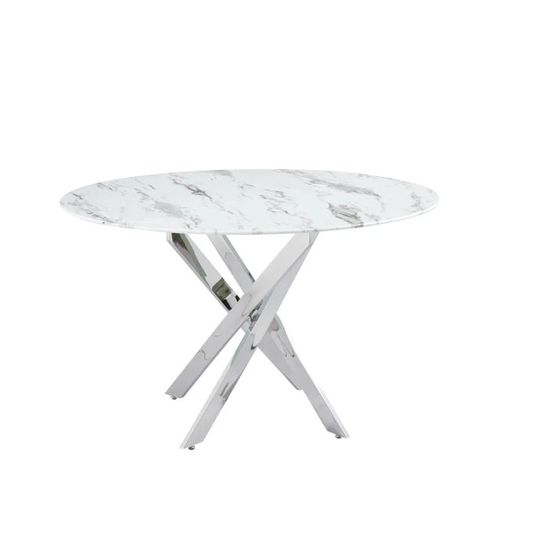 Table Repas ronde JESSICA Chrome verre effet Marbre Blanc 100 cm ...
