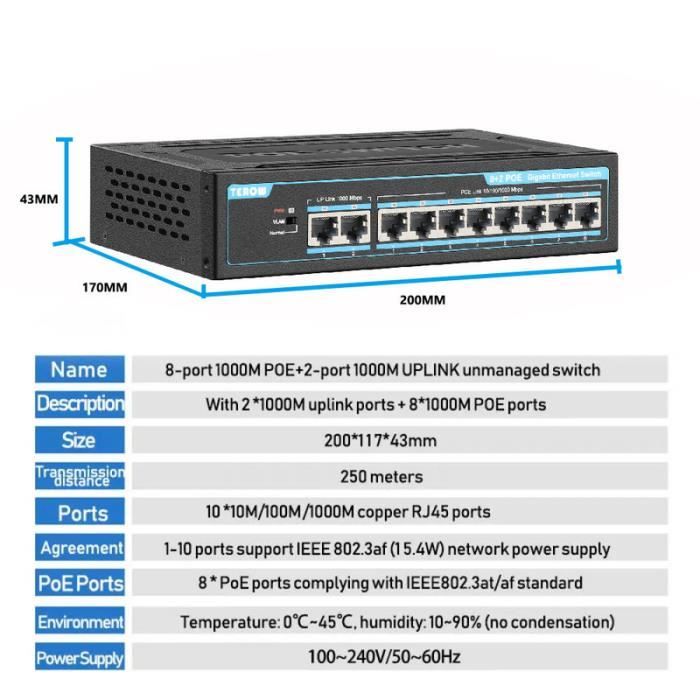 1000 Mbps--TEROW-Commutateur Ethernet POE sans fil, 10 ports ...