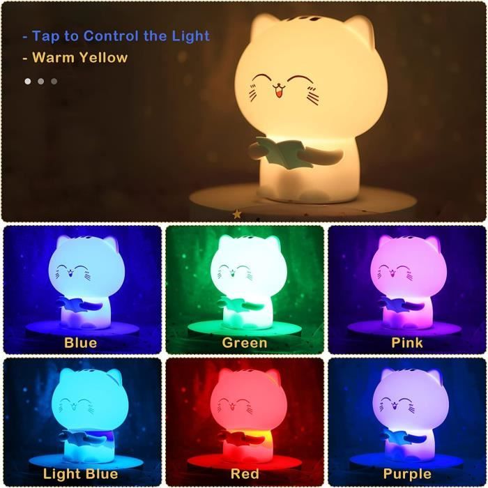 Chat Veilleuse Bebe, 7 Changements De Lumière Veilleuse Chat Recharge Lampe De Chevet Pour ...