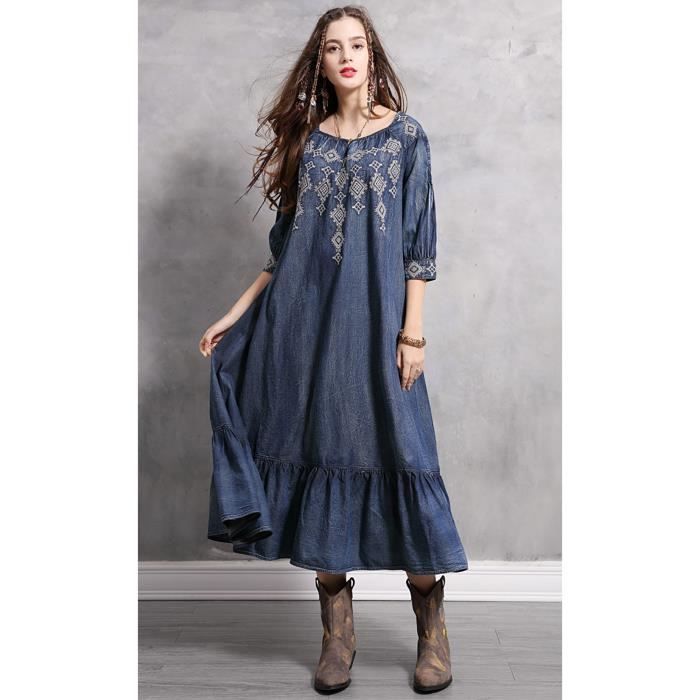 Robe longue en jean pour femme à manches mi-longues avec broderie rétro ...