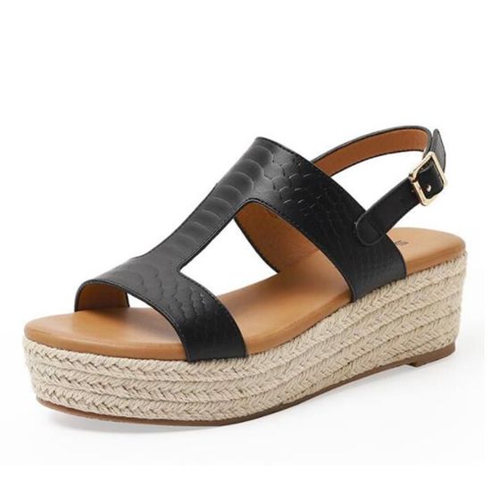 Sandales Femme Compensées en Corde de Chanvre - Noir - Talon 5cm - Cuir ...