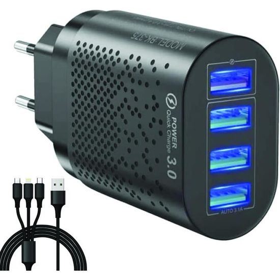 Chargeur Mural Usb, 4 Ports Avec Câble De Charge À 3 Extrémités Micro Usb, Lightning, Type C ...