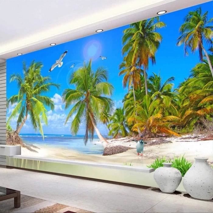 Papier Peint Panoramique Vue Plage Cocotiers Mer 100X70Cm Papier Peint ...