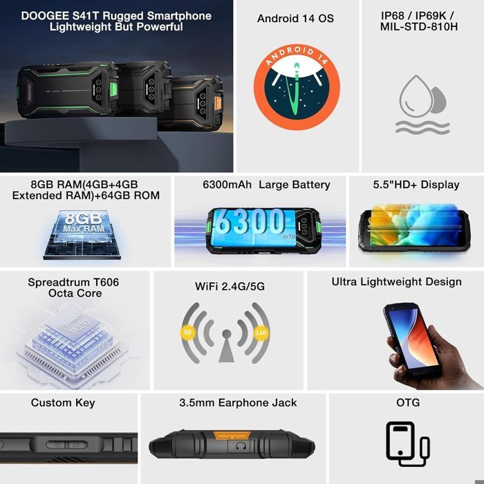 Telephone portable DOOGEE S41T Robuste Smartphone 8+64Go 5.5" 6300mAh ...