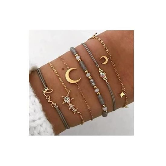 Bracelets boho Étoiles et lune en perles et pierres précieuses - BOHO - Lot de 6 - Multicolore ...
