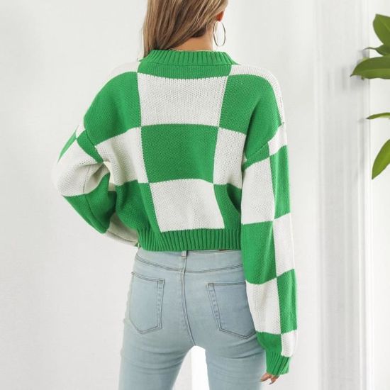 Pull court femme élégant motif damier Dioche - Col rond et tricot léger ...