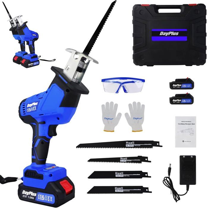 Scie Sabre sans fil DAYPLUS 21V - 2 x 1,5Ah Batteries - 4 Lames de Scie ...