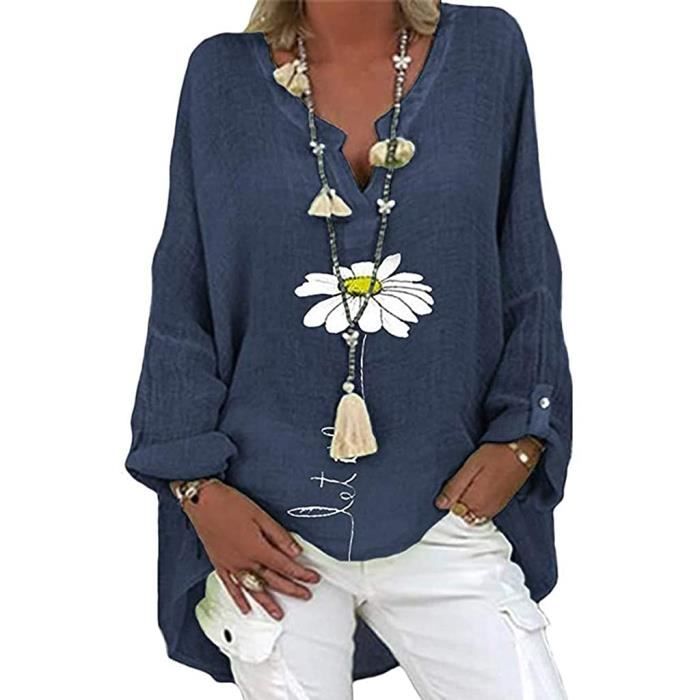 Chemisier en coton et lin pour femmes - Col en V - Manches longues - Couleur unie - Bleu marine ...