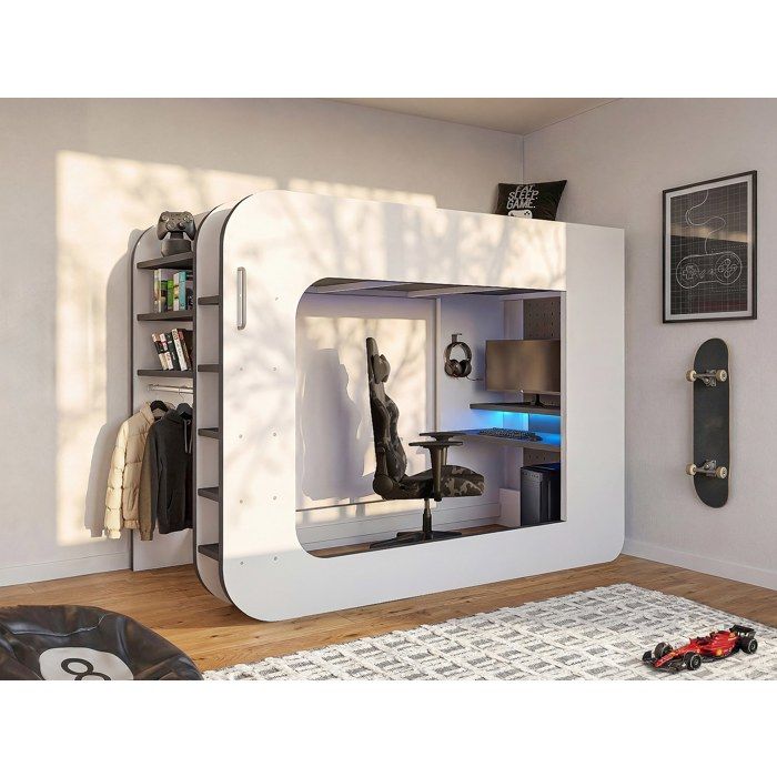Lit mezzanine gamer 90 x 200 cm - Avec bureau et rangements - Avec LEDs ...