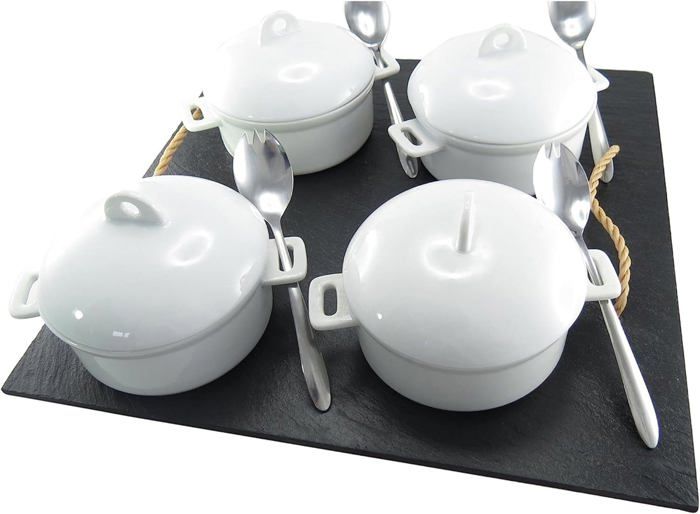 Plateau Poignée Corde avec Mini Marmites 9 Pièces Céramique/Ardoise ...