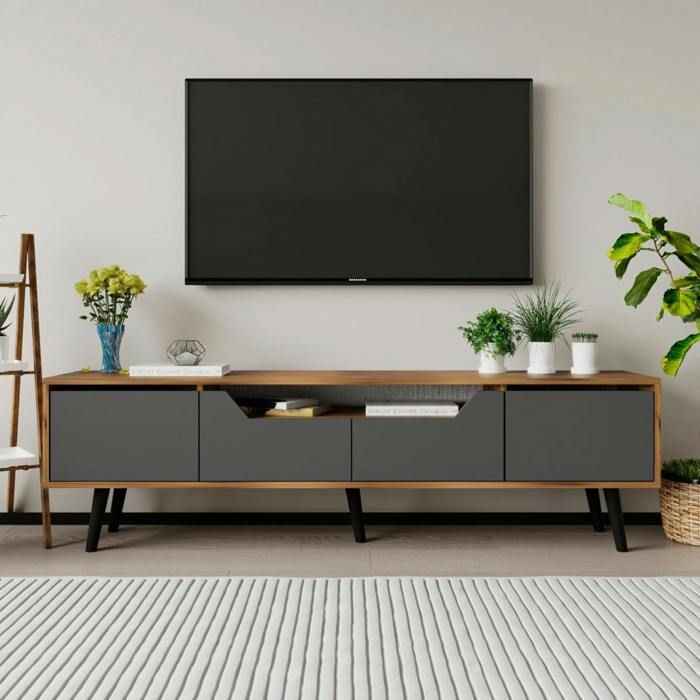 Long meuble TV 4 portes grises et cadre effet noyer MARFA - Cdiscount ...