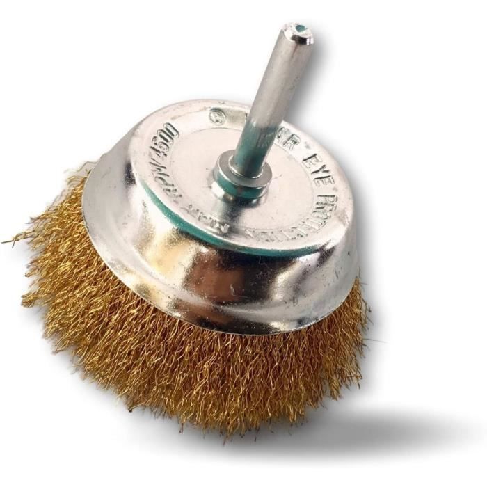 Brosse rotative métallique coupe Ø 75 mm | Sur tige Ø 6 mm | Fil laiton ...