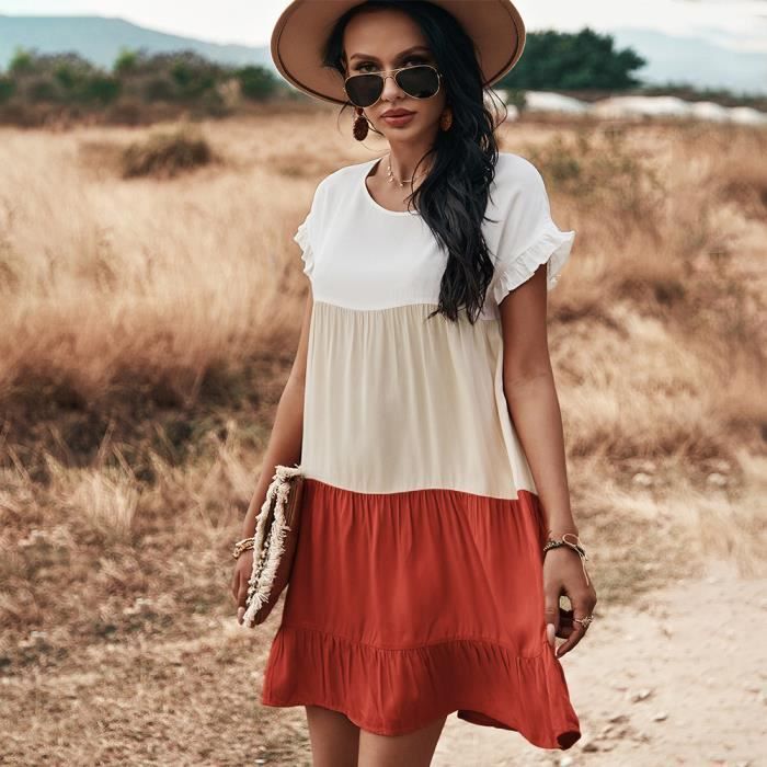 Robe Femme Ete Bohème Sexy Chic Manches Courtes Orange Chuangna