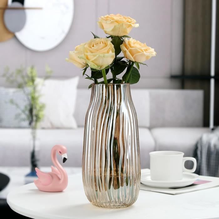 Grand vase en verre ambré nervuré pour fleurs, grand vase de sol doré ...