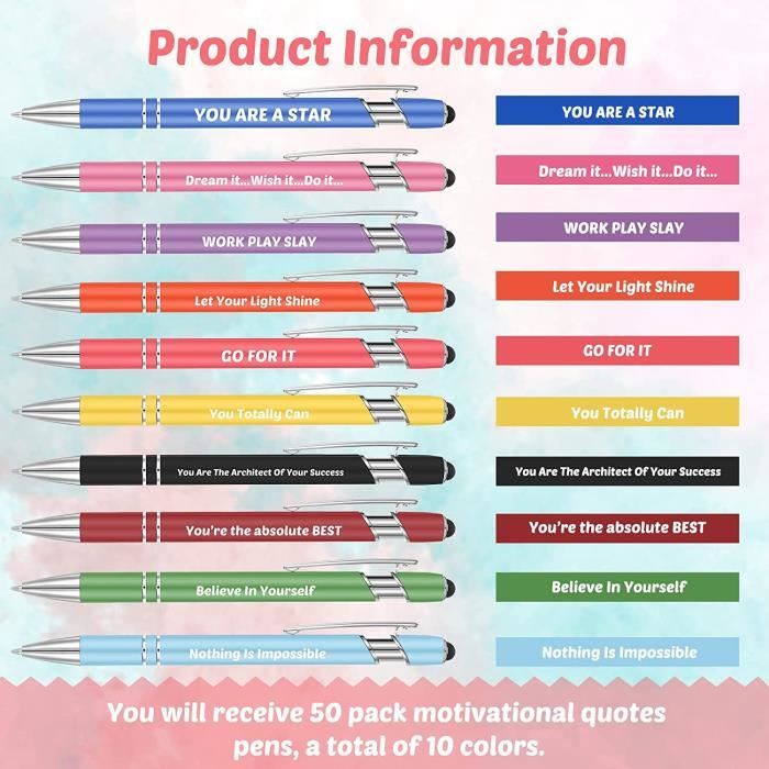 10 Pièces Stylos à Bille Colorés Stylos avec Citations Inspirantes ...