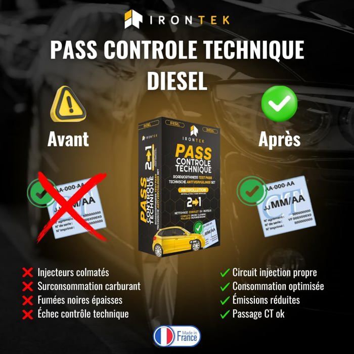 Pass Contrôle Technique Diesel IRONTEK 2 x 300 ML Nettoyage Injecteurs ...