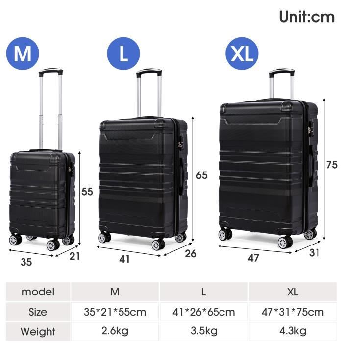 Set de 3 valises rigides avec serrure TSA, roue universelle, conception ...
